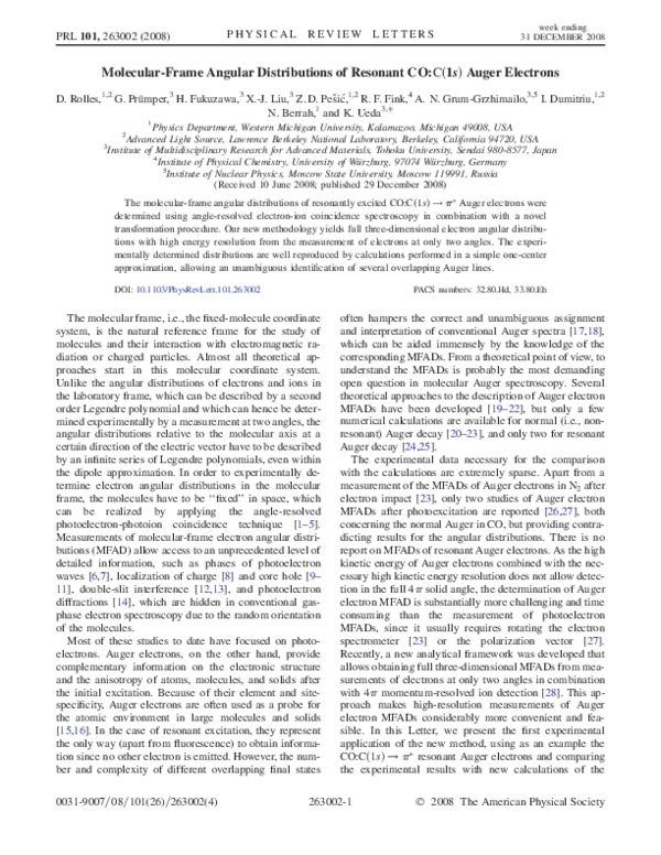 (PDF) Molecular-Frame Angular Distributions of Resonant CO:C(1s) Auger Electrons