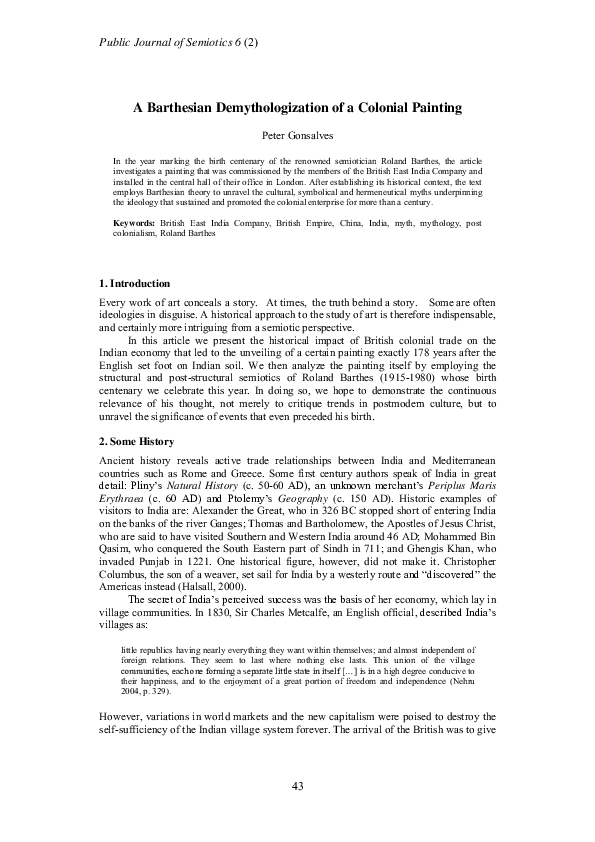 (PDF) A BARTHESIAN DEMYTHOLOGIZATION OF A COLONIAL PAINTING