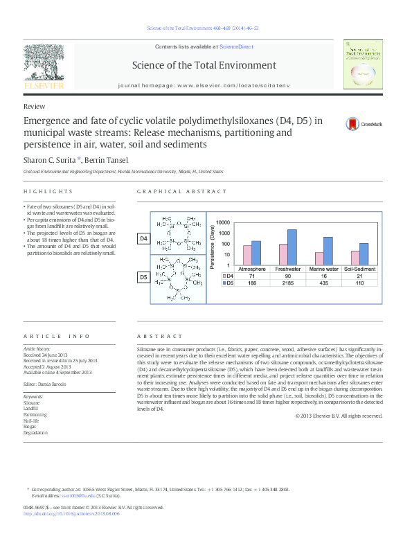 (PDF) Emergence and fate of cyclic volatile polydimethylsiloxanes (D4 ...