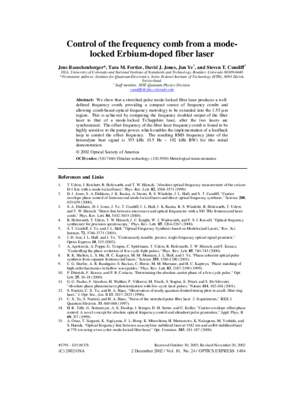 (PDF) Control of the frequency comb from a mode-locked Erbium-doped ...