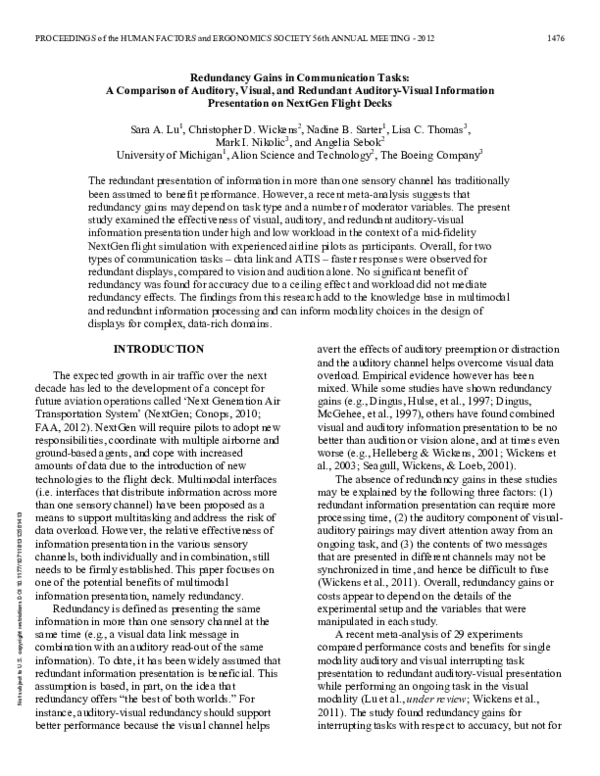 Pdf Redundancy Gains In Communication Tasks A Comparison Of Auditory Visual And Redundant