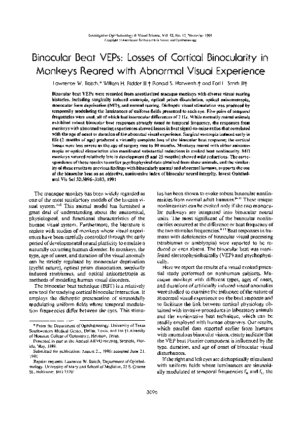 (PDF) Binocular beat VEPs: losses of cortical binocularity in monkeys reared with abnormal ...