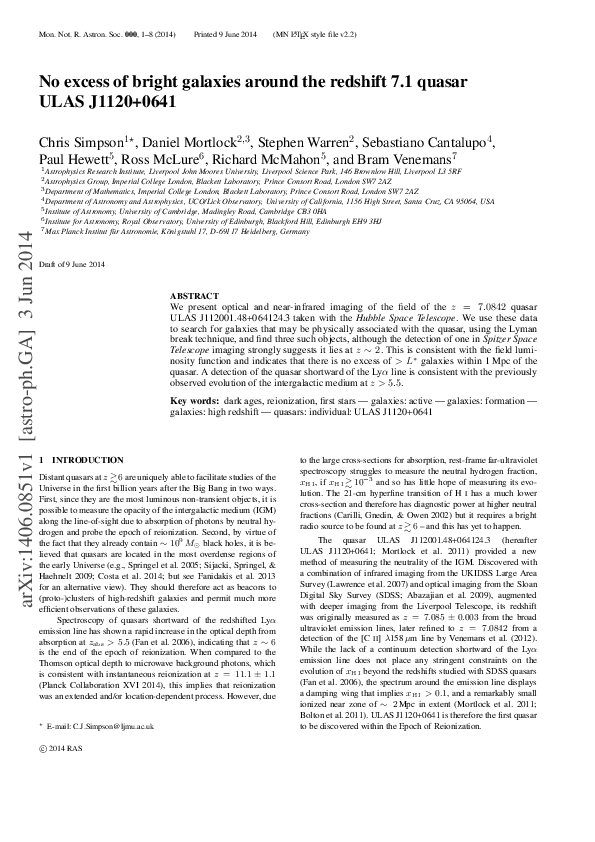 (PDF) No excess of bright galaxies around the redshift 7.1 quasar ULAS J1120+0641