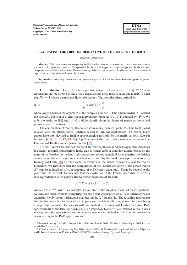 (PDF) Evaluating the FR Echet Derivative of the Matrix PTH Root