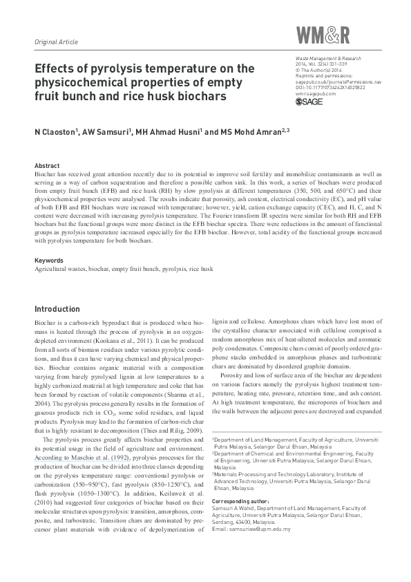 (PDF) Effects of pyrolysis temperature on the physicochemical properties of empty fruit bunch ...