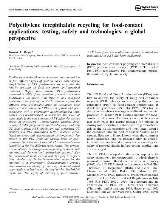 (PDF) Polyethylene terephthalate recycling for food-contact ...