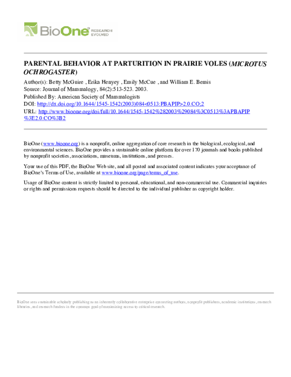 (PDF) Parental Behavior at Parturition in Prairie Voles (Microtus ...