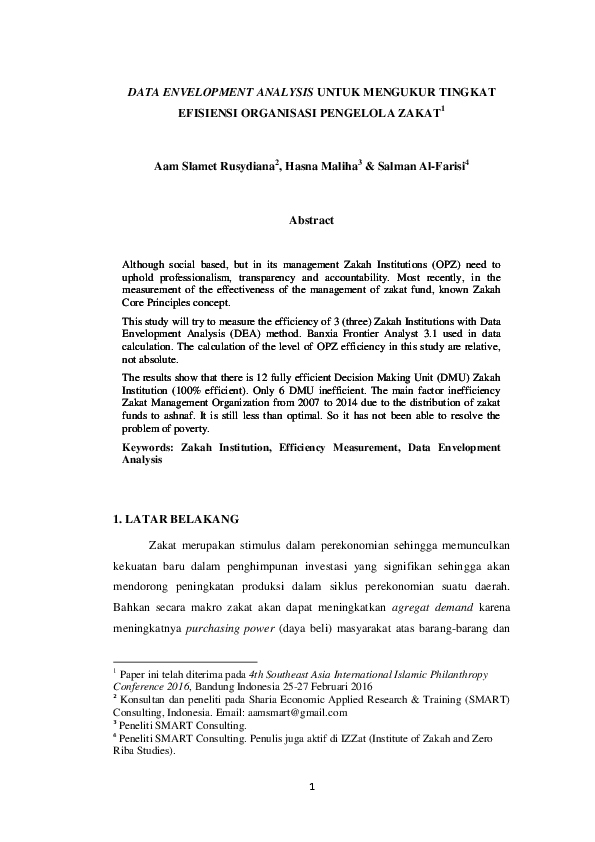 (PDF) DATA ENVELOPMENT ANALYSIS UNTUK MENGUKUR TINGKAT EFISIENSI ORGANISASI PENGELOLA ZAKAT