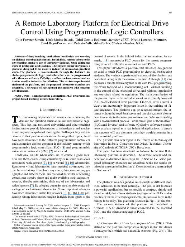 Pdf A Remote Laboratory Platform For Electrical Drive Control Using Programmable Logic Controllers