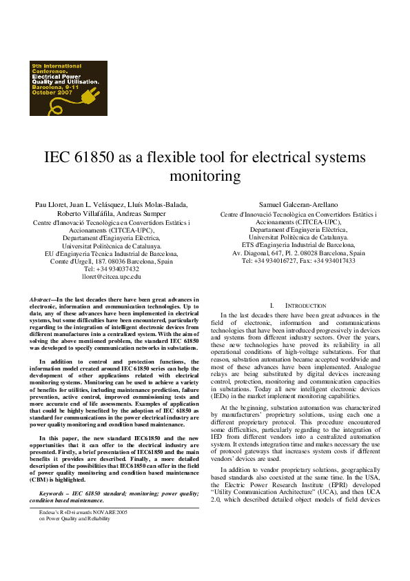 (PDF) IEC 61850 as a flexible tool for electrical systems monitoring