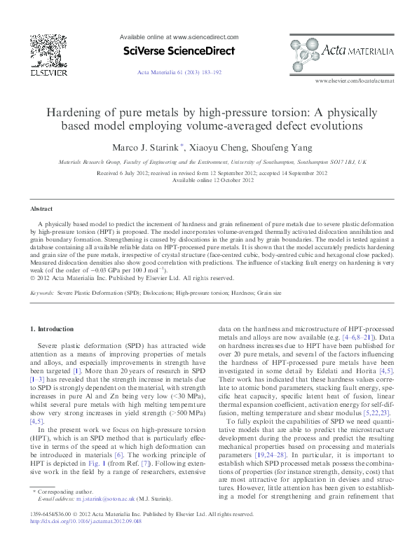 (PDF) Hardening of pure metals by high-pressure torsion: A physically ...