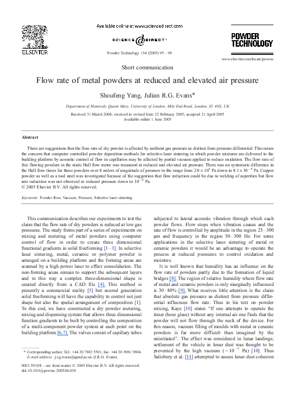 (PDF) Flow rate of metal powders at reduced and elevated air pressure