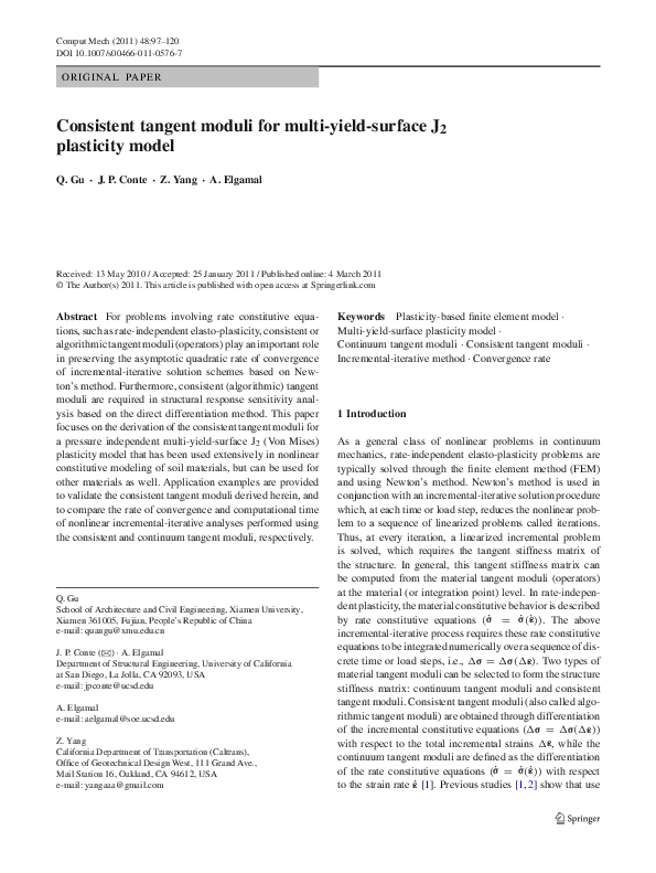(PDF) Consistent tangent moduli for multi-yield-surface J2 plasticity model