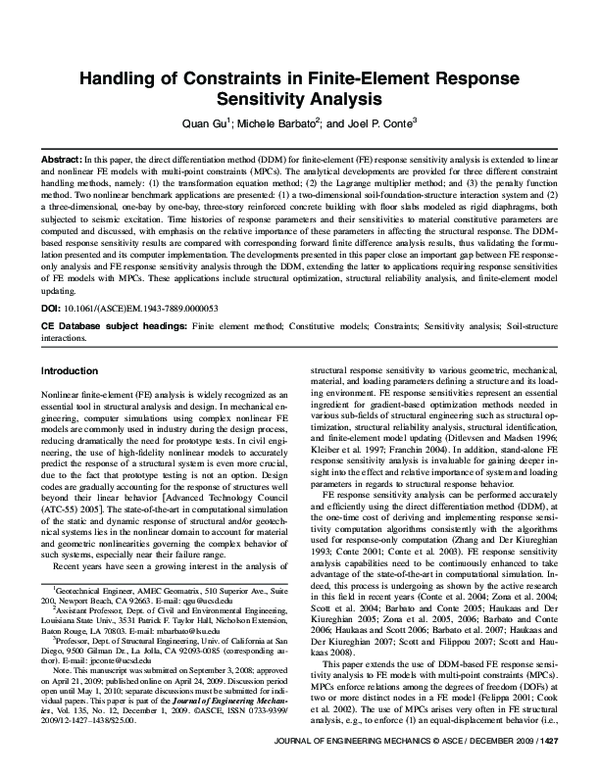Pdf Handling Of Constraints In Finite Element Response Sensitivity