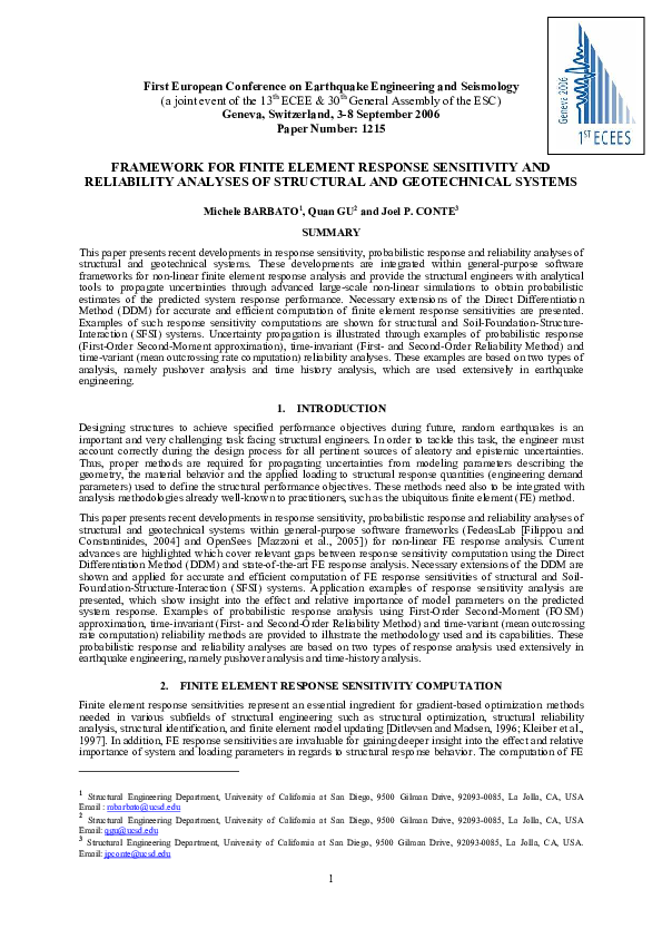 Pdf Framework For Finite Element Response Sensitivity And Reliability Analyses Of Structural