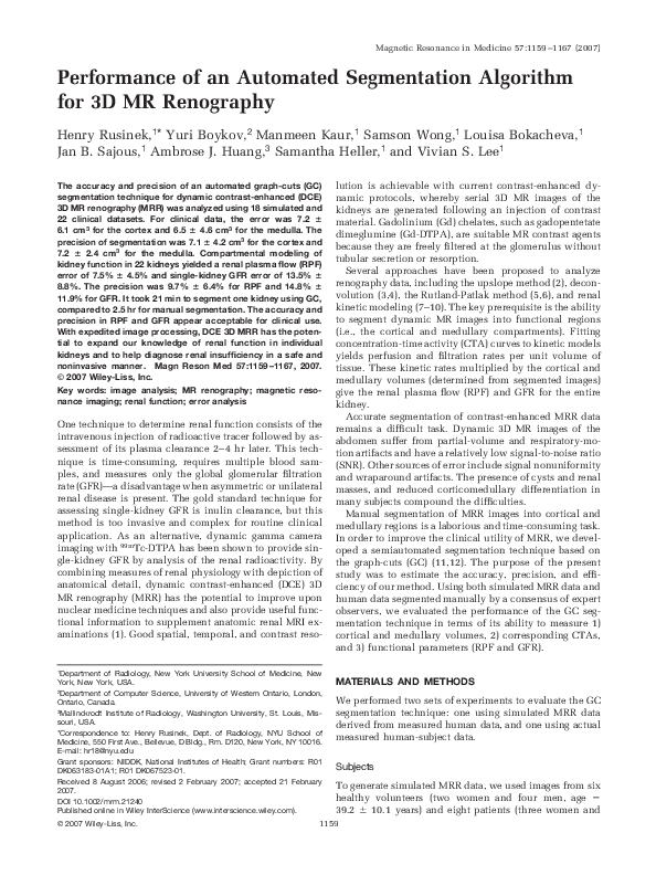 (PDF) Performance of an automated segmentation algorithm for 3D MR renography