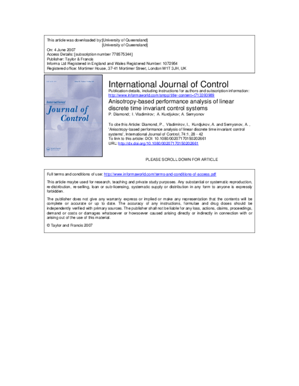 Pdf Anisotropy Based Performance Analysis Of Linear Discrete Time Invariant Control Systems