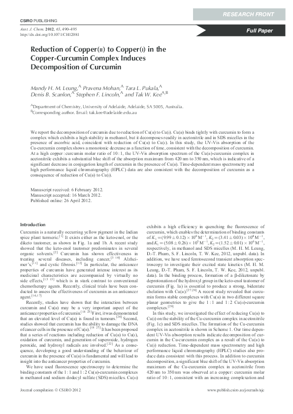 (PDF) Reduction of Copper(II) to Copper(I) in the Copper-Curcumin ...