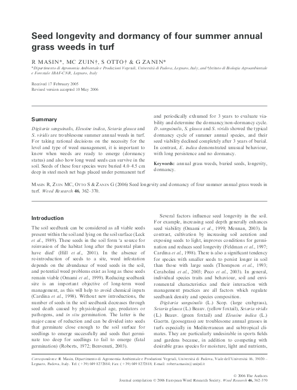 (PDF) Seed longevity and dormancy of four summer annual grass weeds in turf