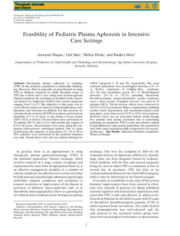 (PDF) Feasibility of Pediatric Plasma Apheresis in Intensive Care Settings