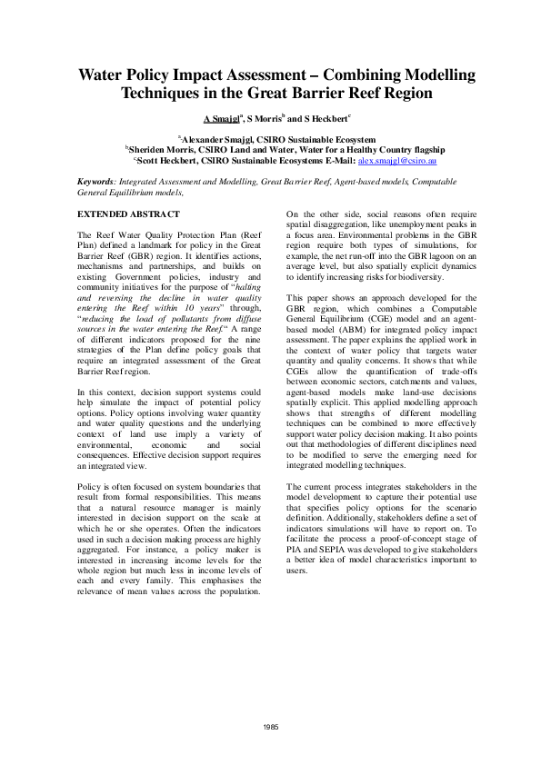 (PDF) Water policy impact assessment – combining modelling techniques ...
