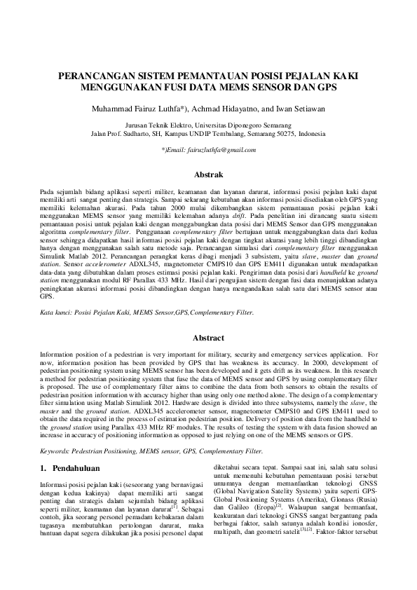Pdf Perancangan Sistem Pemantauan Posisi Pejalan Kaki Menggunakan Fusi Data Mems Sensor Dan Gps