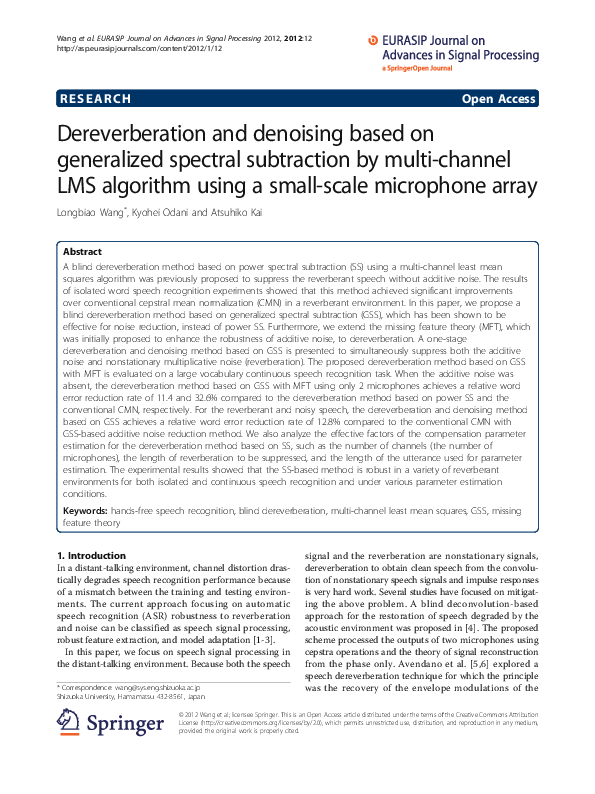 (PDF) Dereverberation and denoising based on generalized spectral subtraction by multi-channel ...
