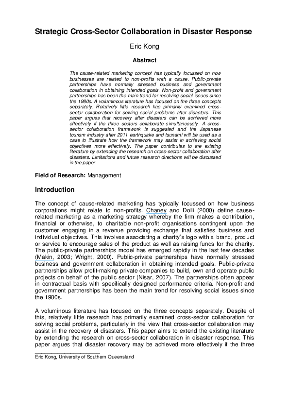 (PDF) Strategic Cross-Sector Collaboration in Disaster Response