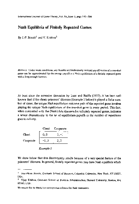 (PDF) Nash equilibria of finitely repeated games