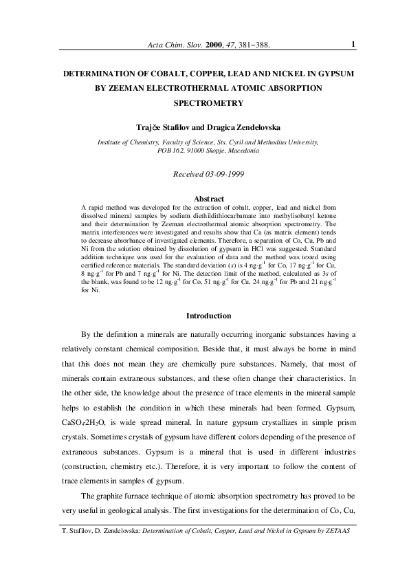 Pdf Determination Of Cobalt Copper Lead And Nickel In Gypsum By Zeeman Electothermal Atomic