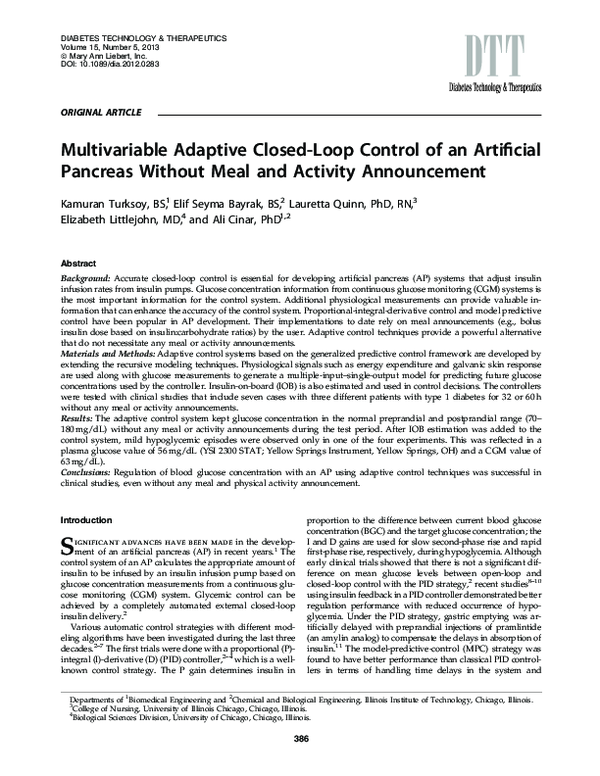 Pdf Multivariable Adaptive Closed Loop Control Of An Artificial Pancreas Without Meal And