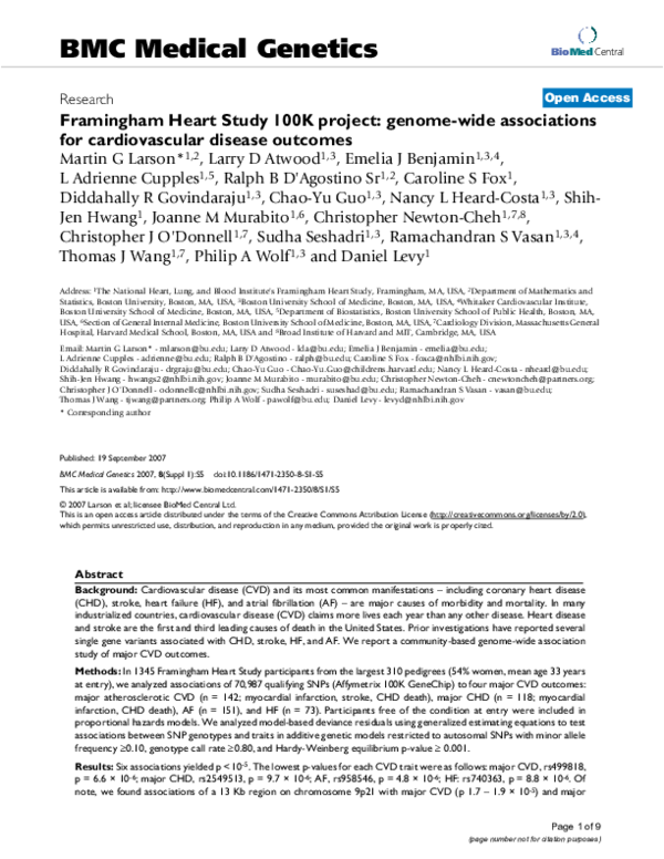 (PDF) Framingham Heart Study 100K project: genome-wide associations for cardiovascular disease ...