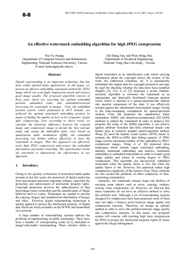 Pdf An Effective Watermark Embedding Algorithm For High Jpeg Compression