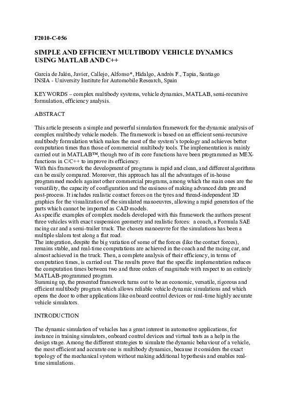 Pdf Simple And Efficient Multibody Vehicle Dynamics Using Matlab And C