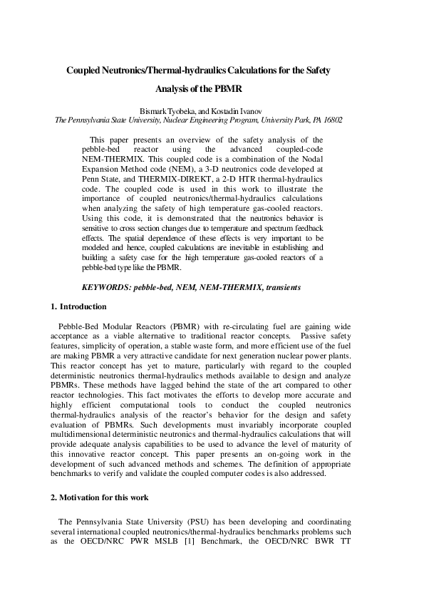 Pdf Coupled Neutronics Thermal Hydraulics Calculations For The Safety Analysis Of The Pbmr
