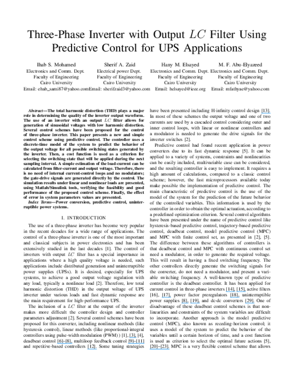 Pdf Three Phase Inverter With Output Lc Filter Using Predictive Control For Ups Applications