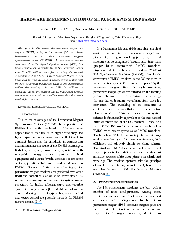 Pdf Hardware Implementation Of Mtpa For Spmsm Dsp Based