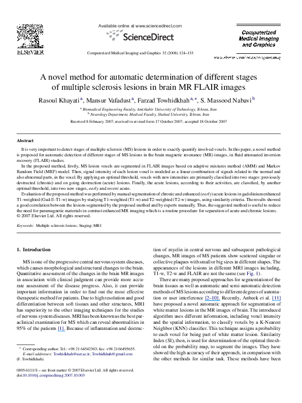 (PDF) Automatic Detection of MS Lesion Stages in Brain MR FLAIR Images