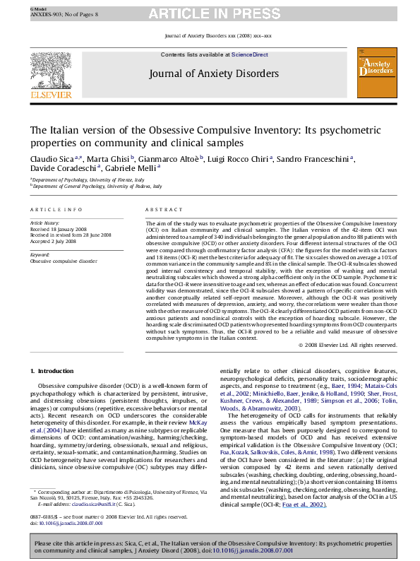 (PDF) The Italian version of the Obsessive Compulsive Inventory: Its ...