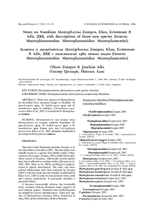 (PDF) Notes on Namibian Mantophasma Zompro, Klass, Kristensen & Adis ...