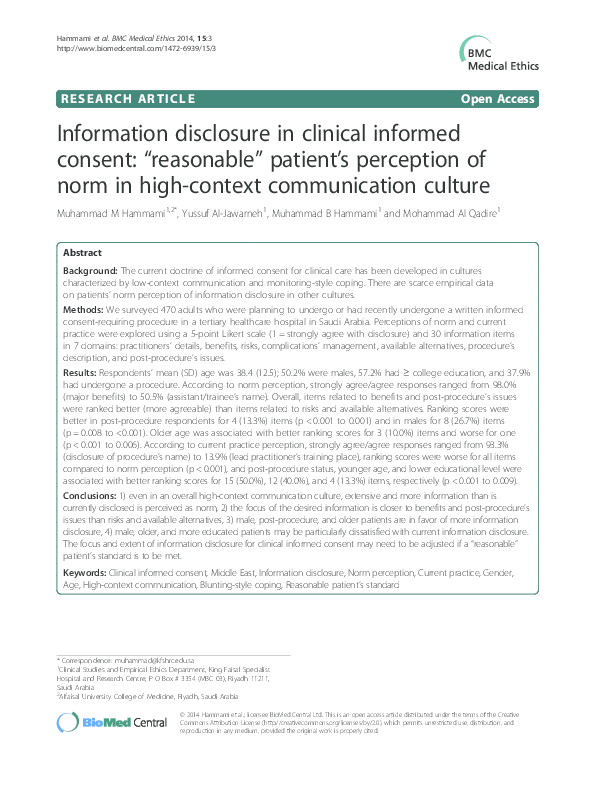 (PDF) Information disclosure in clinical informed consent: “reasonable ...