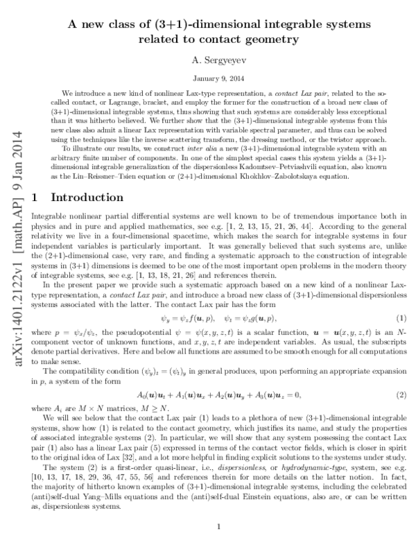 (PDF) A new class of (3+1)-dimensional integrable systems related to ... (PDF) A new class of (3+1)-dimensional integrable systems related to ...