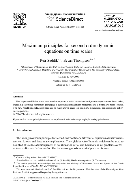 (PDF) Maximum principles for second order dynamic equations on time scales