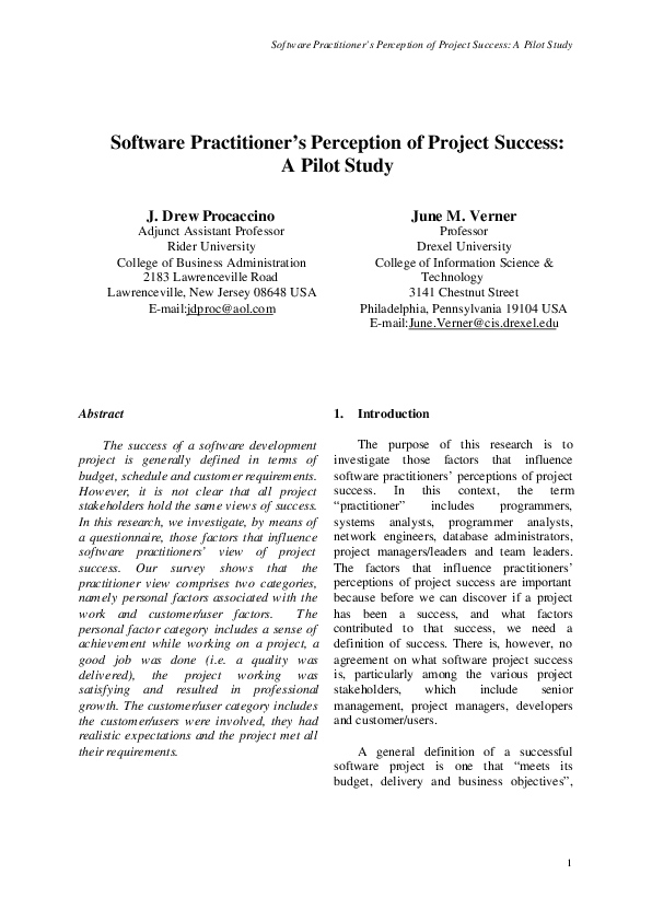 (PDF) Software practitioner's perception of project success: a pilot study