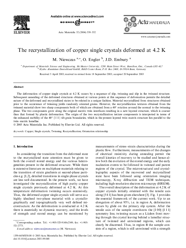 (PDF) The recrystallization of copper single crystals deformed at 4.2 K ...