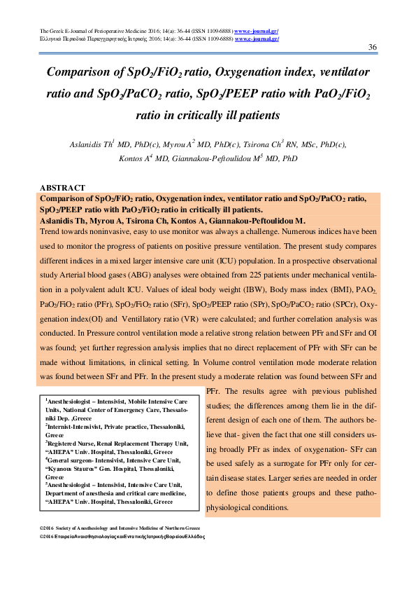Comparison Of Spo 2 Fio 2 Ratio Oxygenation Index Ventilator Ratio And Spo 2 Paco 2 Ratio