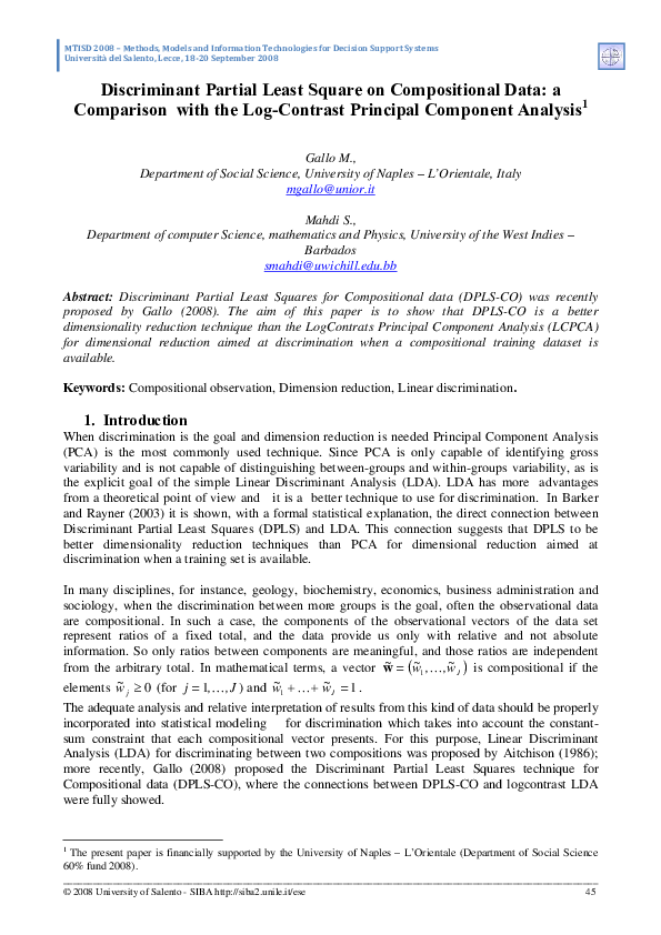 (PDF) Discriminant Partial Least Square on Compositional Data: a Comparison with the Log ...