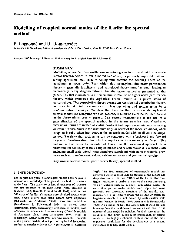 (PDF) Modelling of coupled normal modes of the Earth: the spectral method