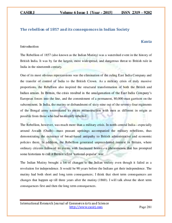 (PDF) The rebellion of 1857 and its consequences in Indian Society Kanta