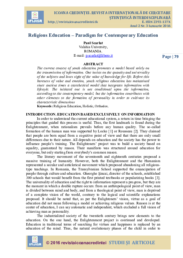 (PDF) Religious Education – Paradigm for Contemporary Education